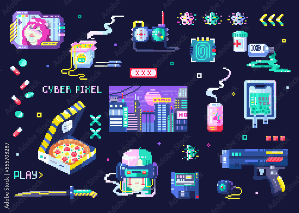 Set of cyberpunk icons. 8bit pixel art cyborg, electronics, food and ...