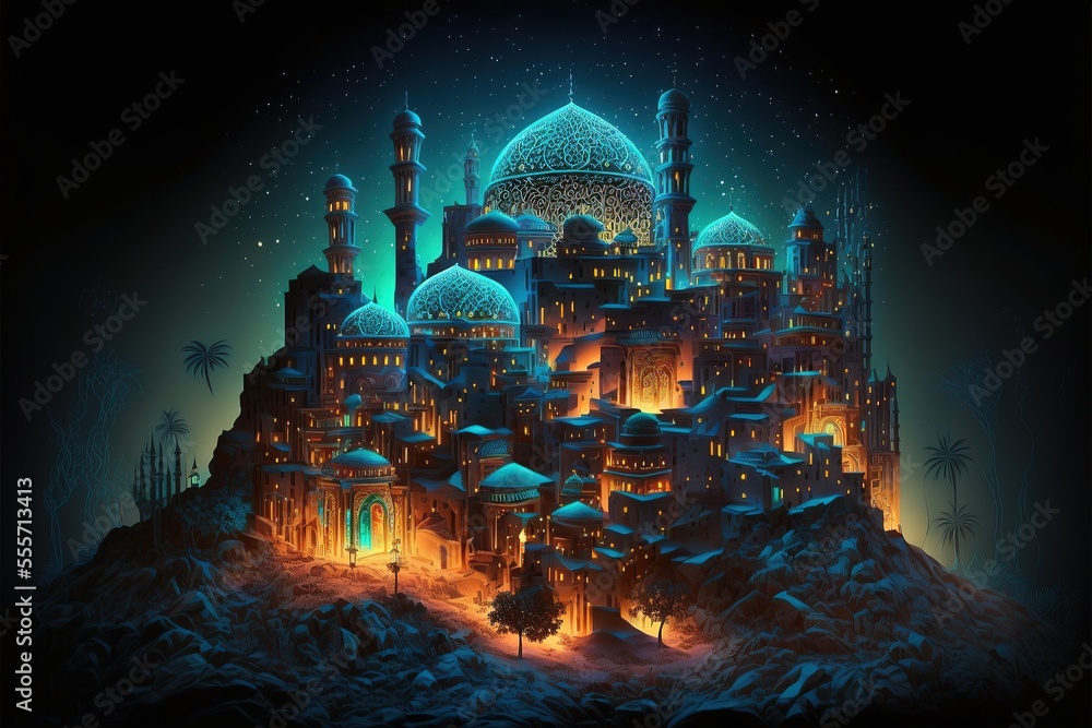 Fairy-tale Arabian night city with towers and mussels. Night neon ...