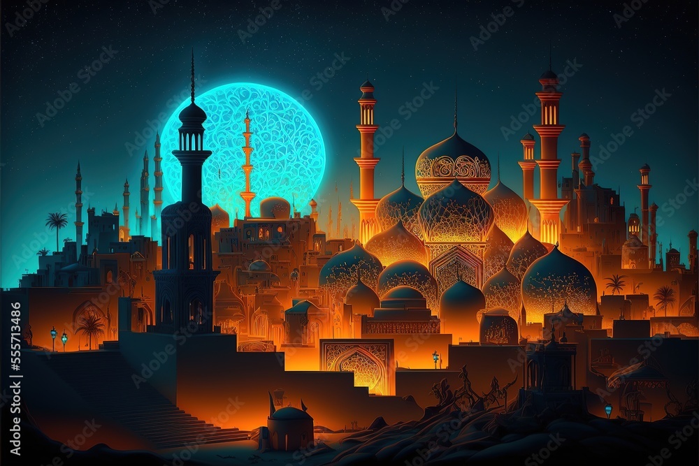 Fairy-tale Arabian night city with towers and mussels. Night neon ...
