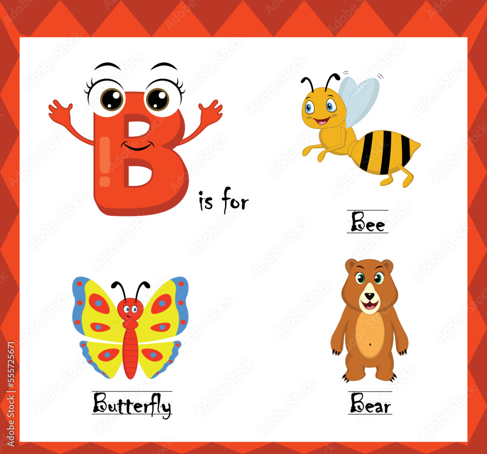 Letter b vector, alphabet b for bee, butterfly, bear animals, english ...