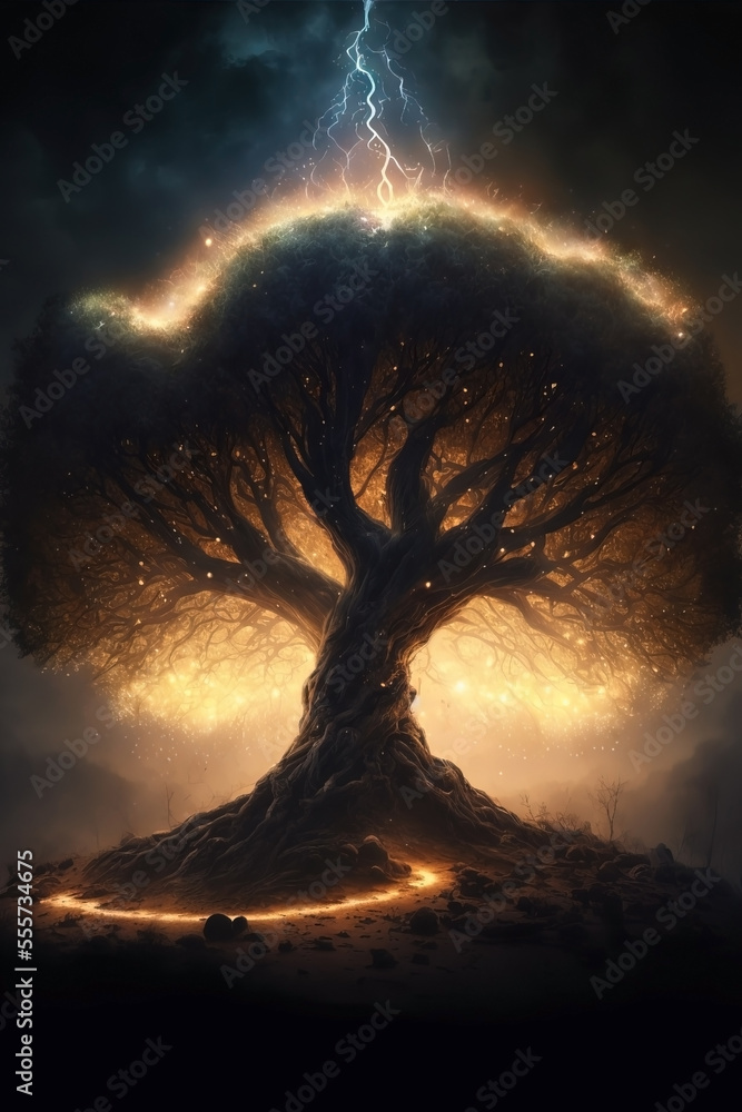 Glowing tree of life. Yggdrasil tree, Giant tree. Adam and eve. Garden ...