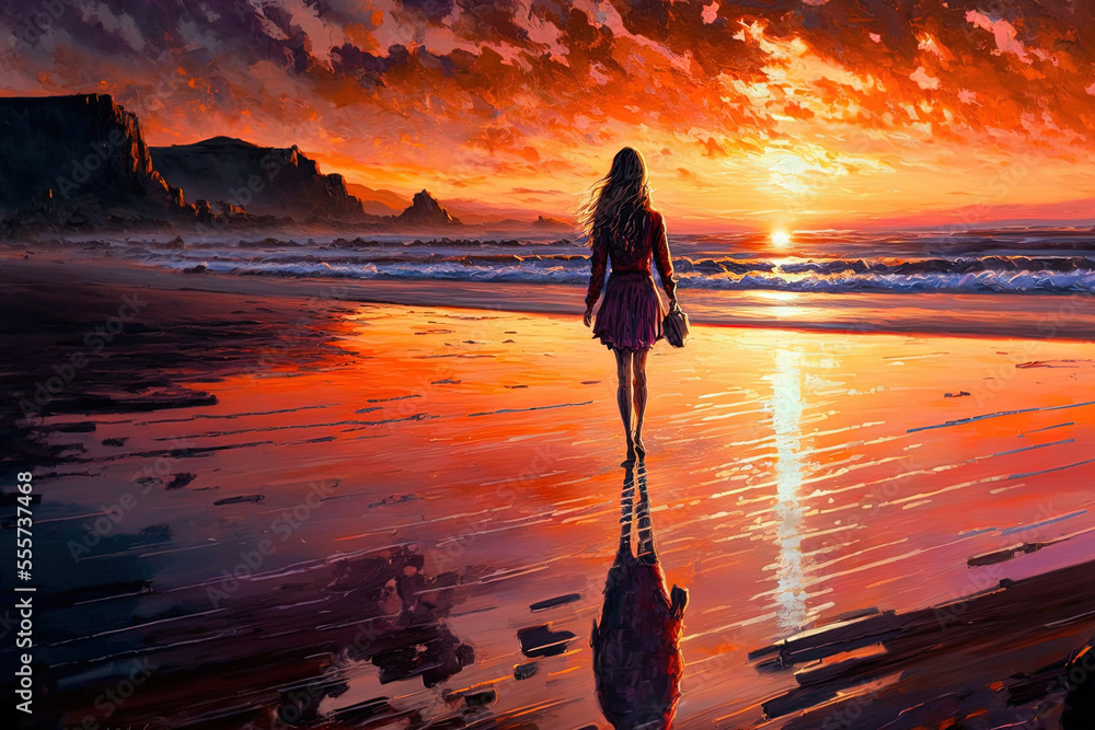 a seascape with a fiery sunset Lady on the beach A young, cheerful ...