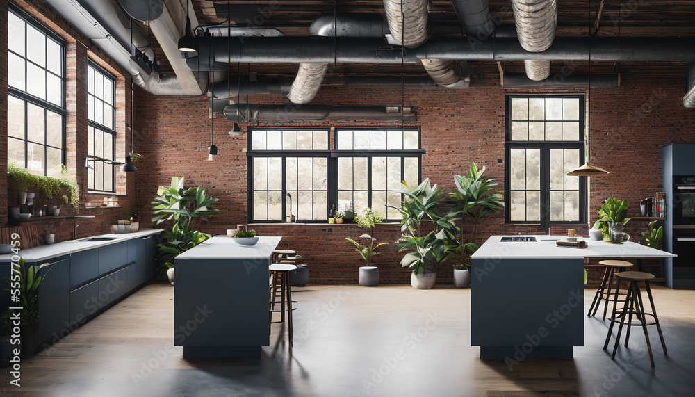 Kitchen in the loft style, characterized by an open and spacious layout ...