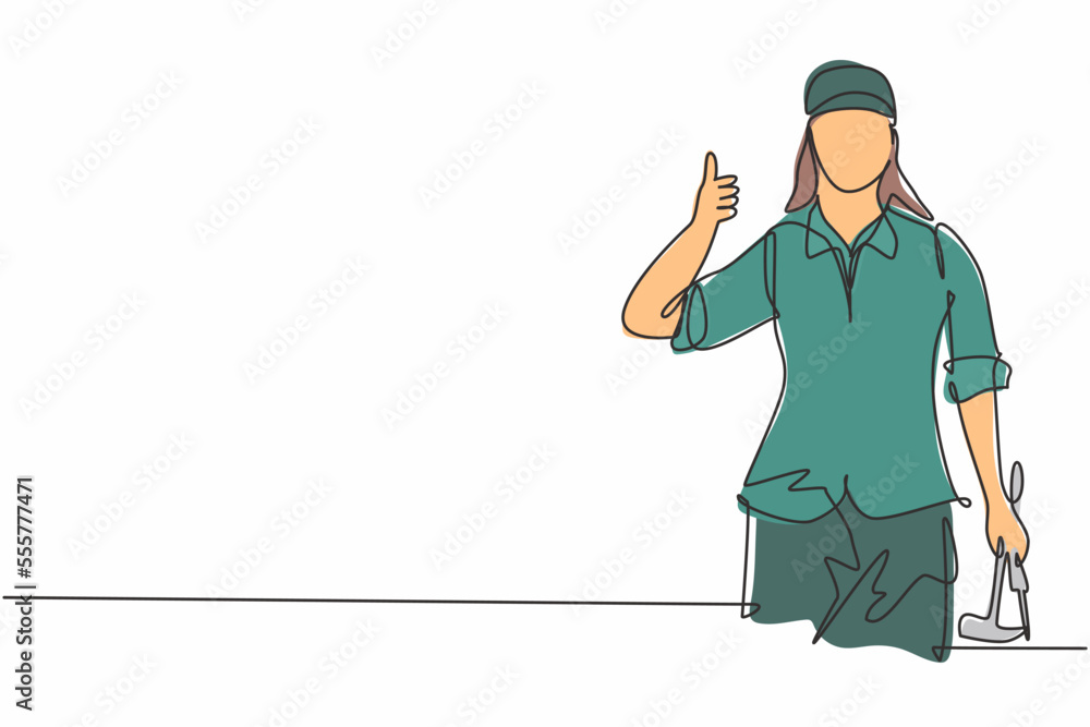 Single continuous line drawing carpenter woman with a thumbs-up gesture ...