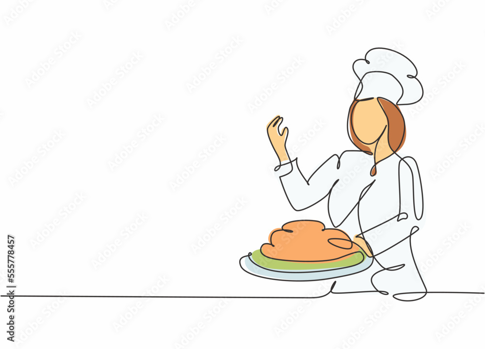 One continuous line drawing of young attractive female chef serving top ...