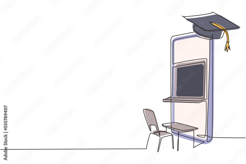 Single continuous line drawing empty study chairs and desks facing ...