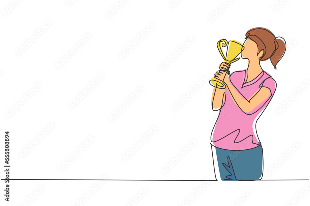 Continuous one line drawing female athlete wearing jersey kissing ...
