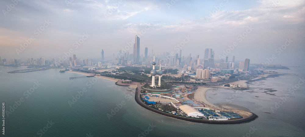 Drone shoot in Kuwait Tower and the City Scape of Kuwait with Foggy ...