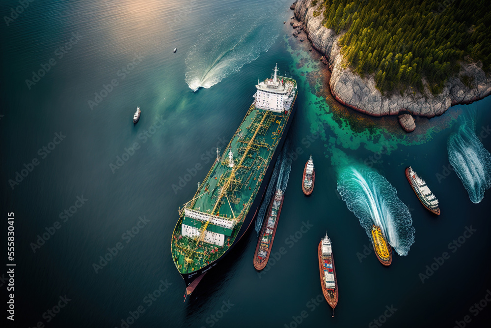 Large crude oil ship being escorted by tug boats across confined ...