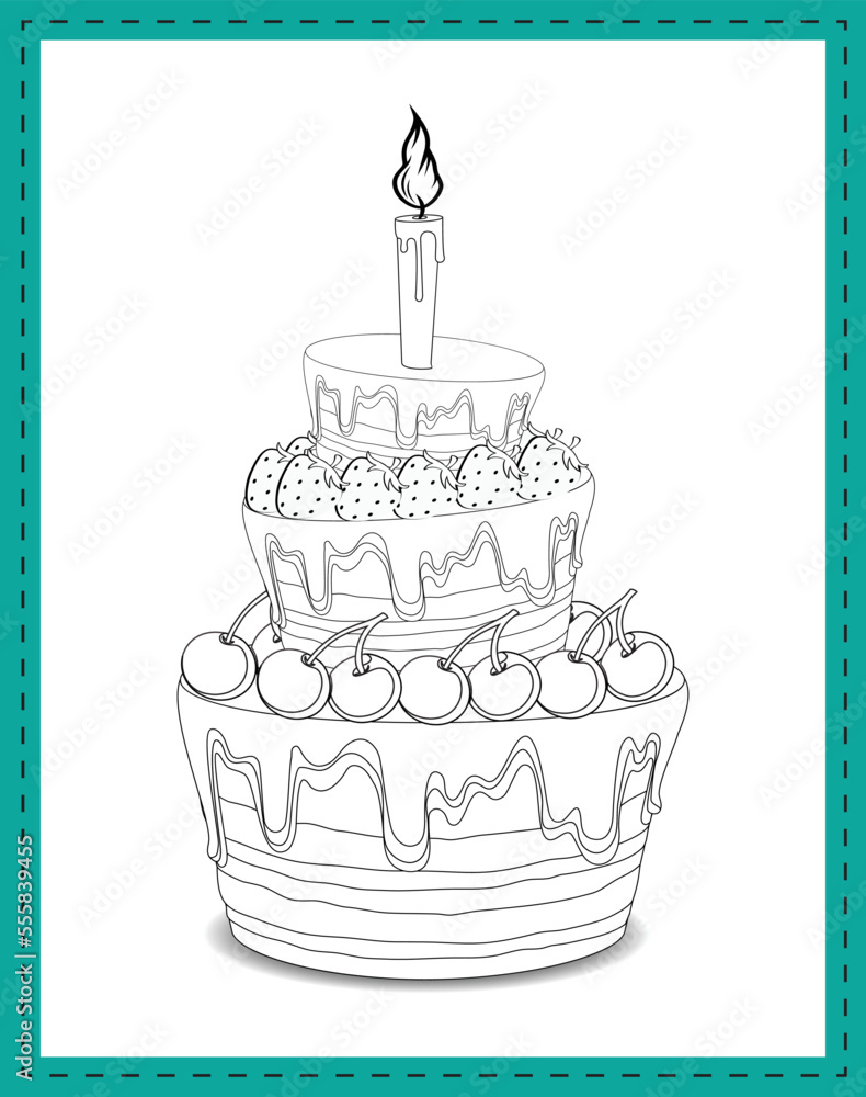 Hand drawn birthday cake coloring page Stock Vector | Adobe Stock