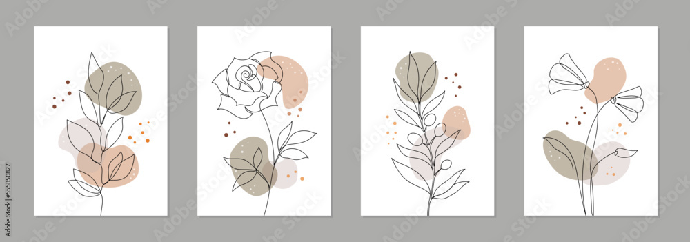 One line art flower poster set. Single continuous line leaf, flower ...