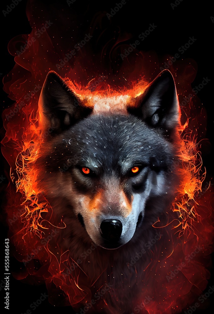 Stunning wolf portrait surround by flame and smoke on dark background ...