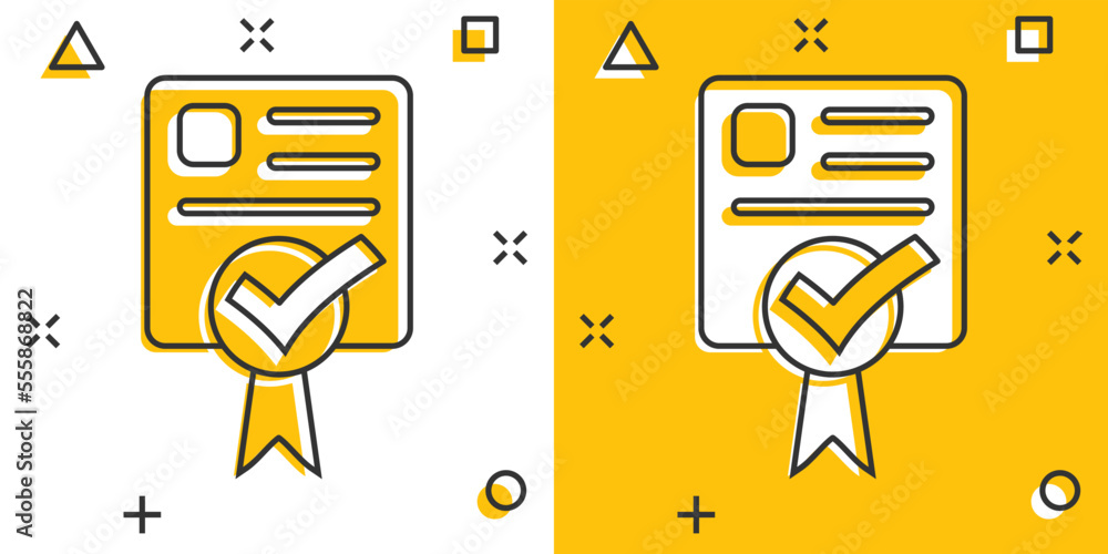 Stock-Vektorgrafik „Approve certificate icon in comic style. Document ...