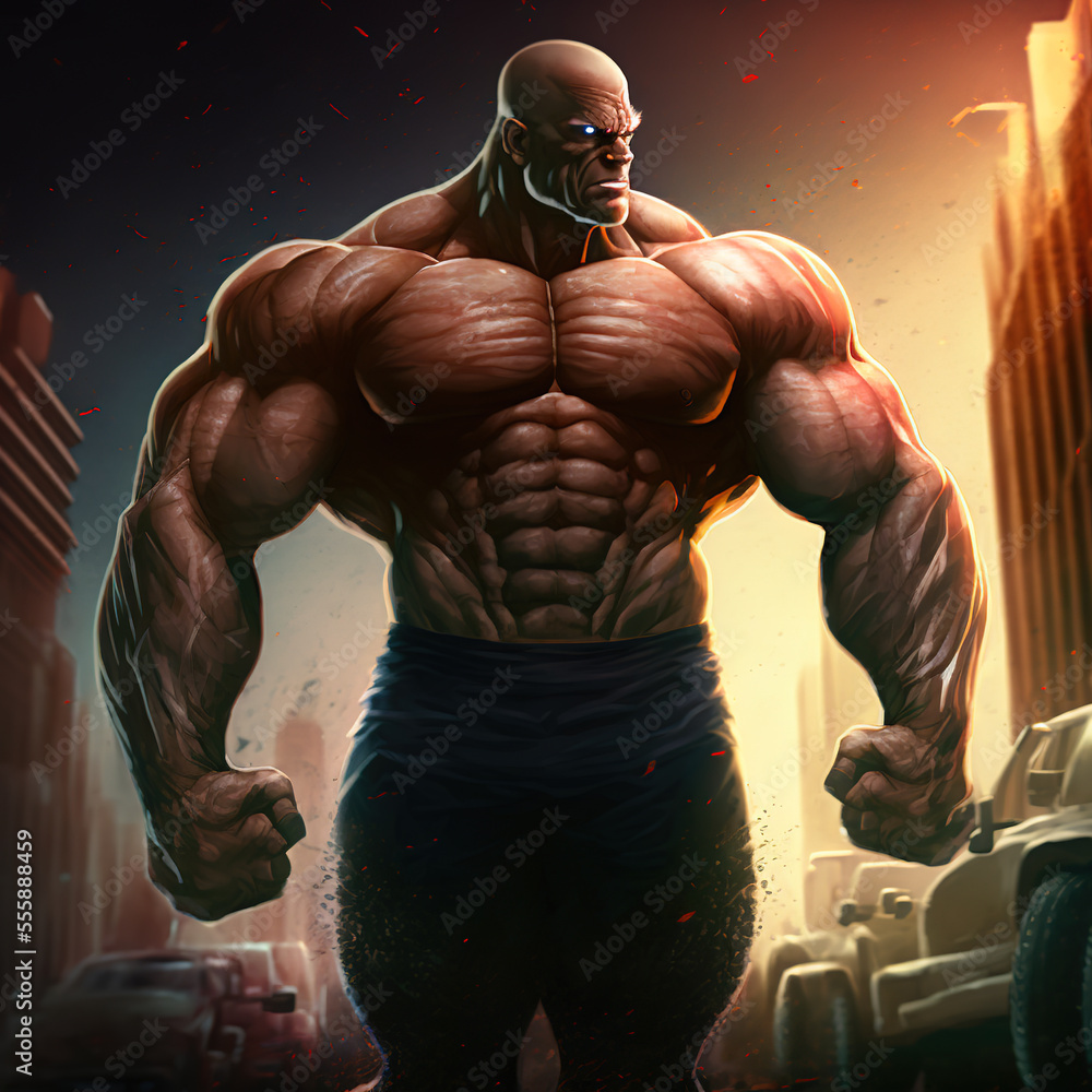 Very muscular cartoon villain standing on city streets, Generative AI ...