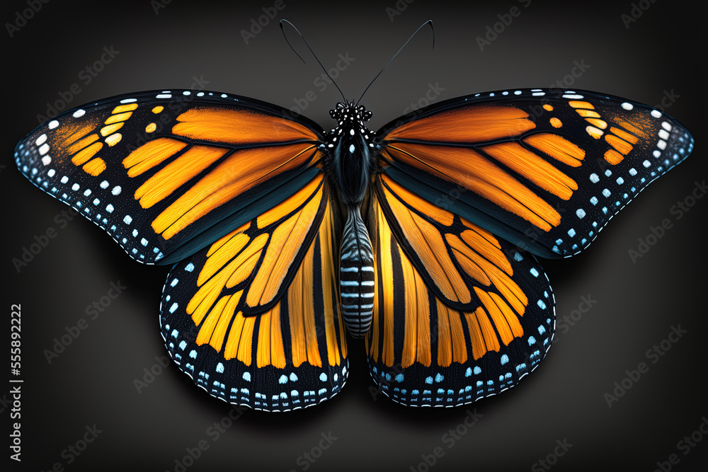 Monarch butterfly, a migratory flying insect, with wide wings in top ...