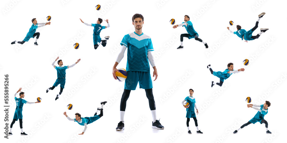 Collage of movements. Young man, volleyball player in motion, training ...