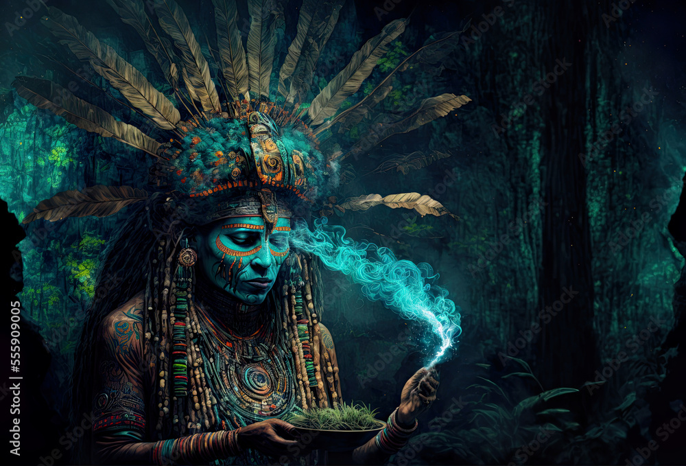 Illustration, fantasy shaman leading a holy ayahuasca ceremony ...