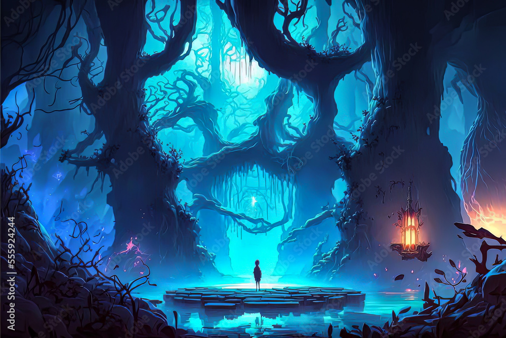 Fantasy old forest. Concept art of magical ancient worlds. Big trees ...