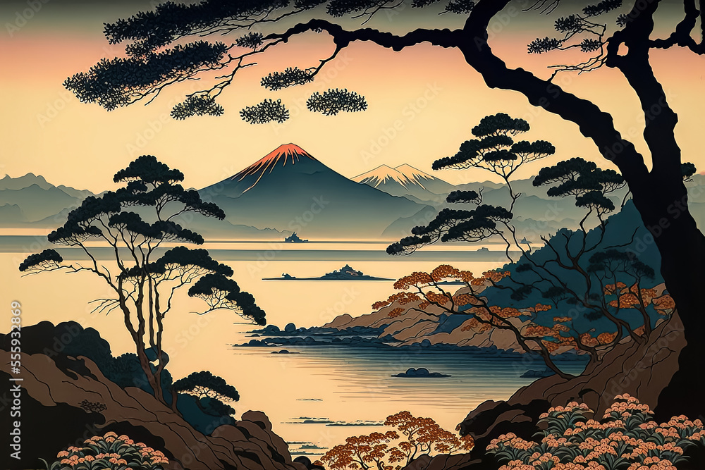 Old japanese illustration drawing. Ukiyo-e traditionnal painting ...