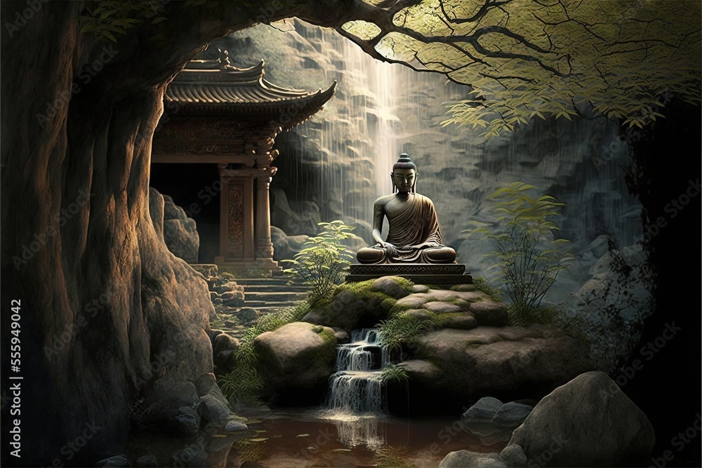 a buddha statue sitting on a rock in a forest next to a waterfall and a ...