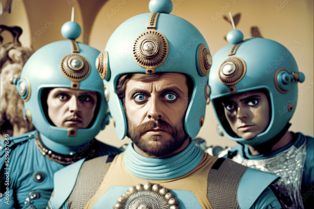 Outer space characters in a retro sci-f movie wearing cheesy science ...