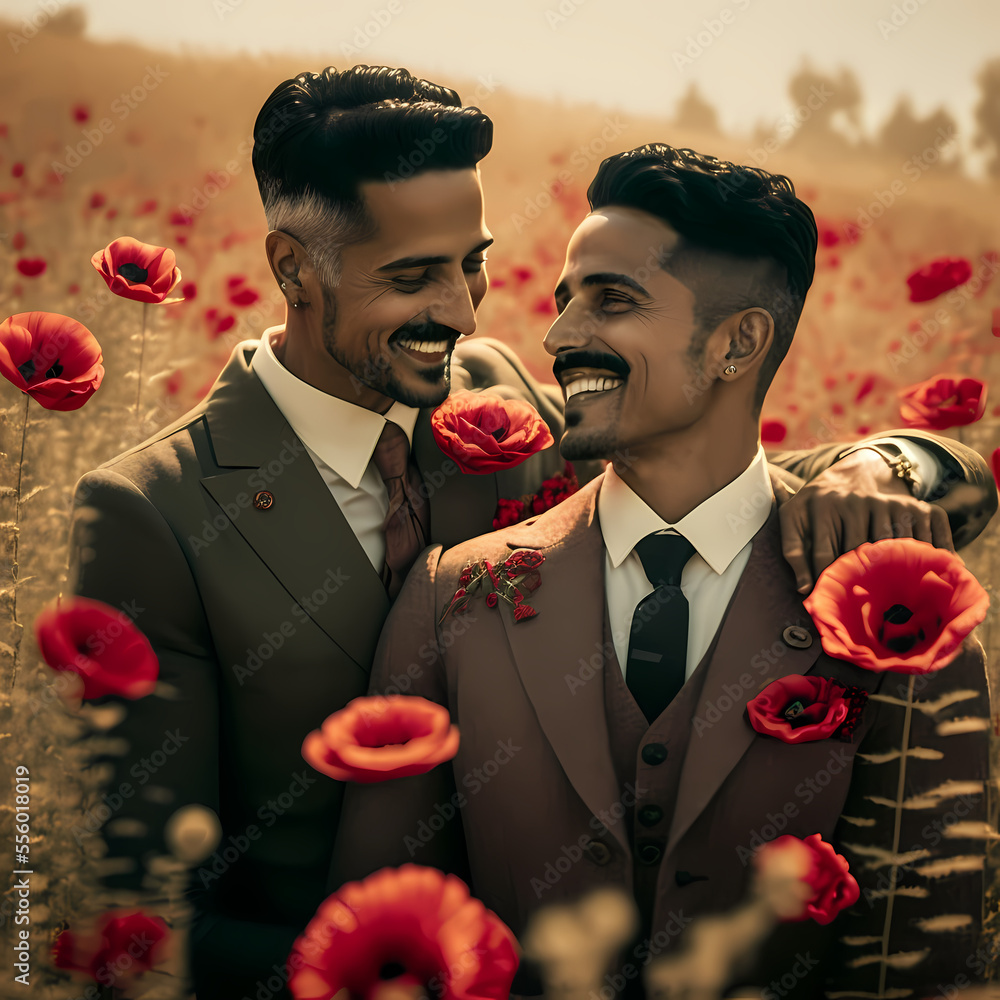 ภาพประกอบ Stock Black and Middle Eastern Gay Male Couple Wearing Formal Attire in a Field of ...