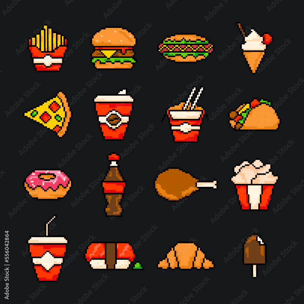 Vetor Fast food pixel art icons set, fast restaurant pixelated elements ...