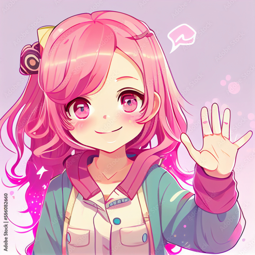 Anime girl saying hi and waving hand to greet person with smile face ...