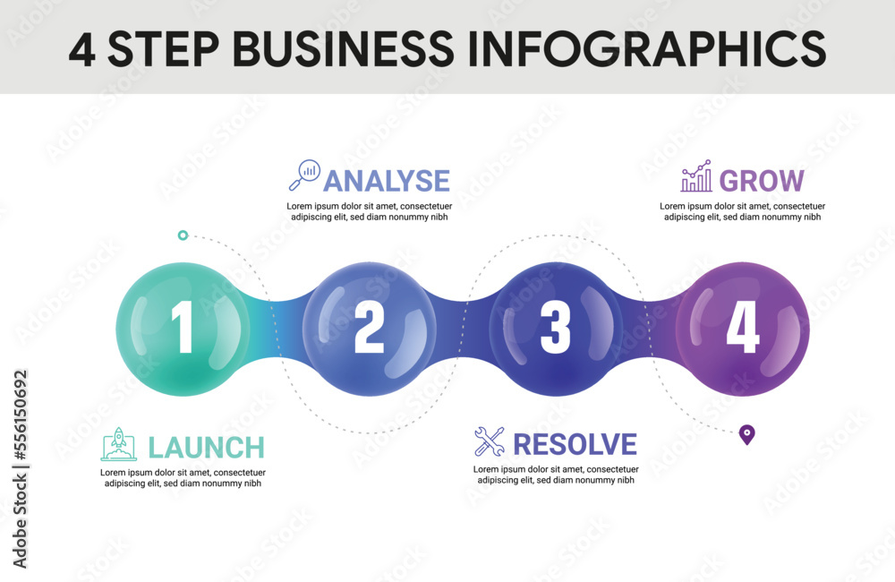 Four colorful circle on straight line formation diagram infographics. 4 ...