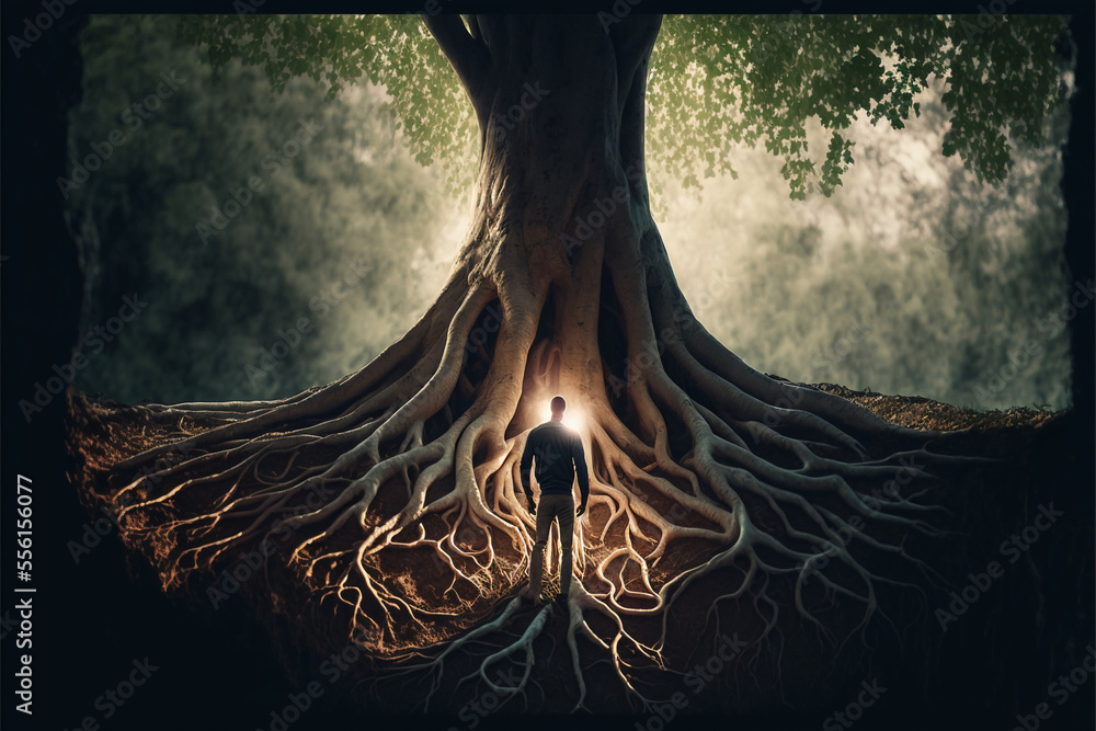 person standing in front of a tree with deep roots, representing the ...