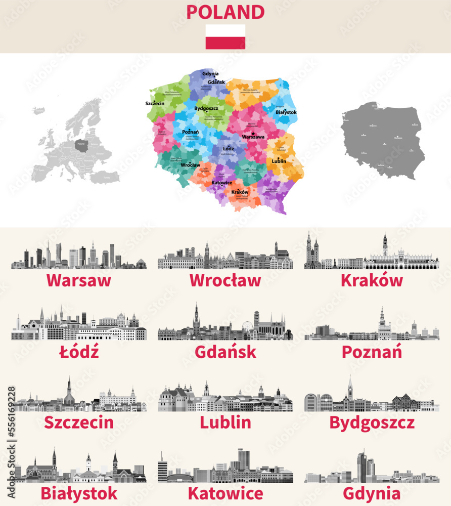Poland map with main cities on it. Polish cities skylines illustrations ...