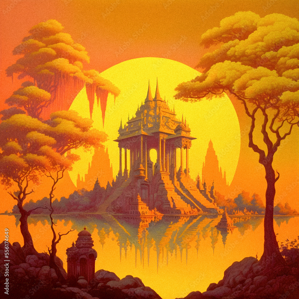 Temples landscape, new age album cover, 1970s, granular texture Stock ...