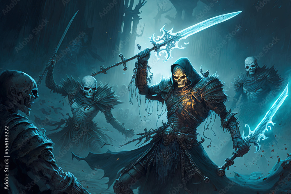Illustration Stock Sword wielding death knights in combat. ghosts ...