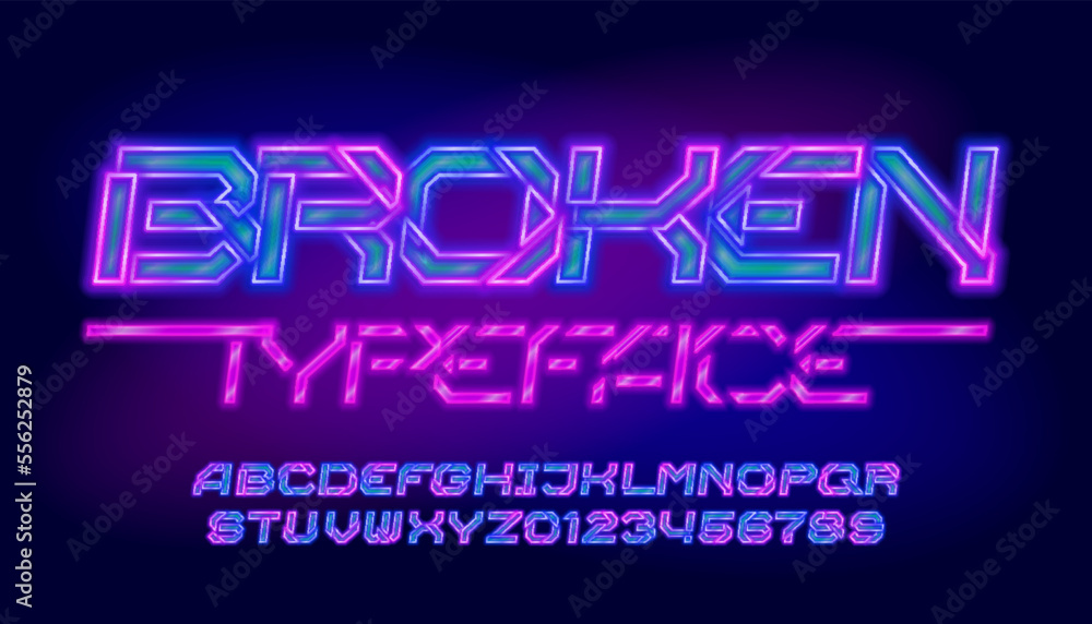 Broken alphabet font. Neon colorful letters and numbers. Stock vector ...