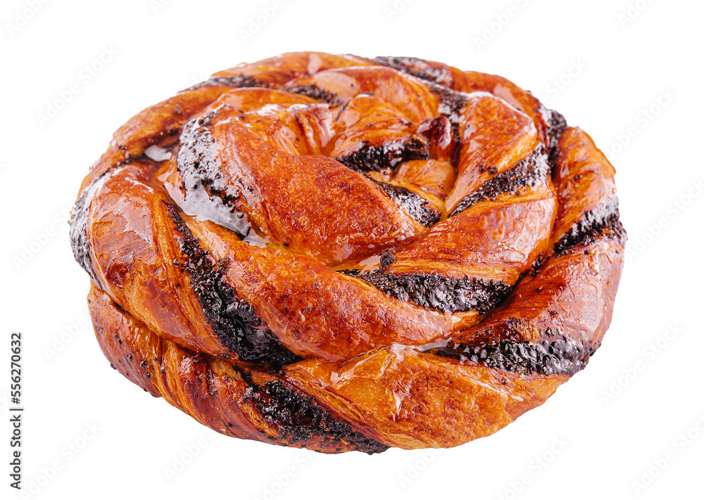 Round sweet twisted bun made with puff pastry with grated poppy seeds ...