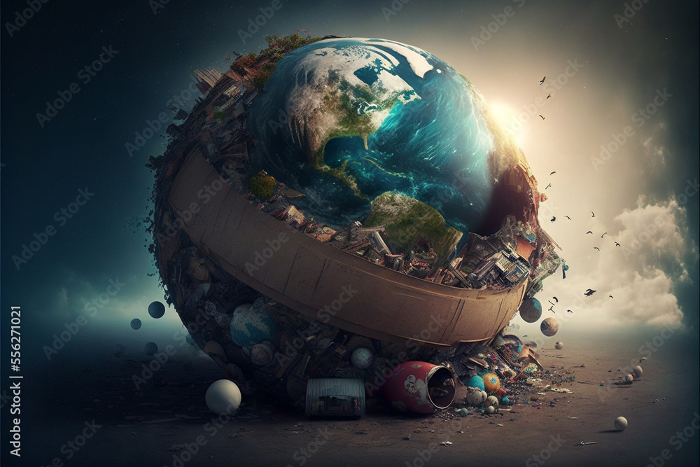 Concept of plastic world. Earth contamination with garbage. Stock ...