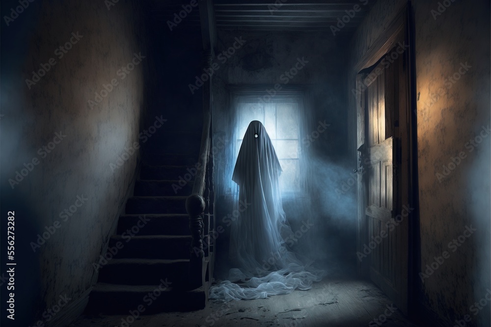 Creepy abandoned haunted house with spooky white cloth ghost ...