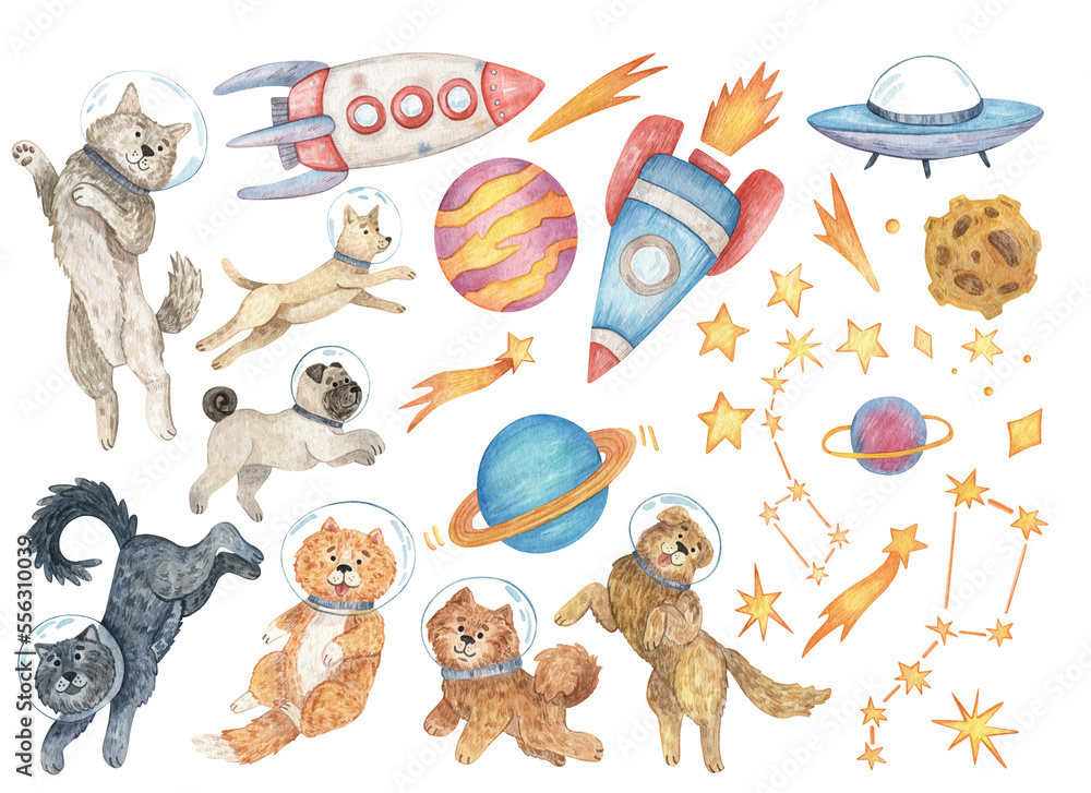 Illustration Stock Hand drawn watercolor clipart. Set of space ...