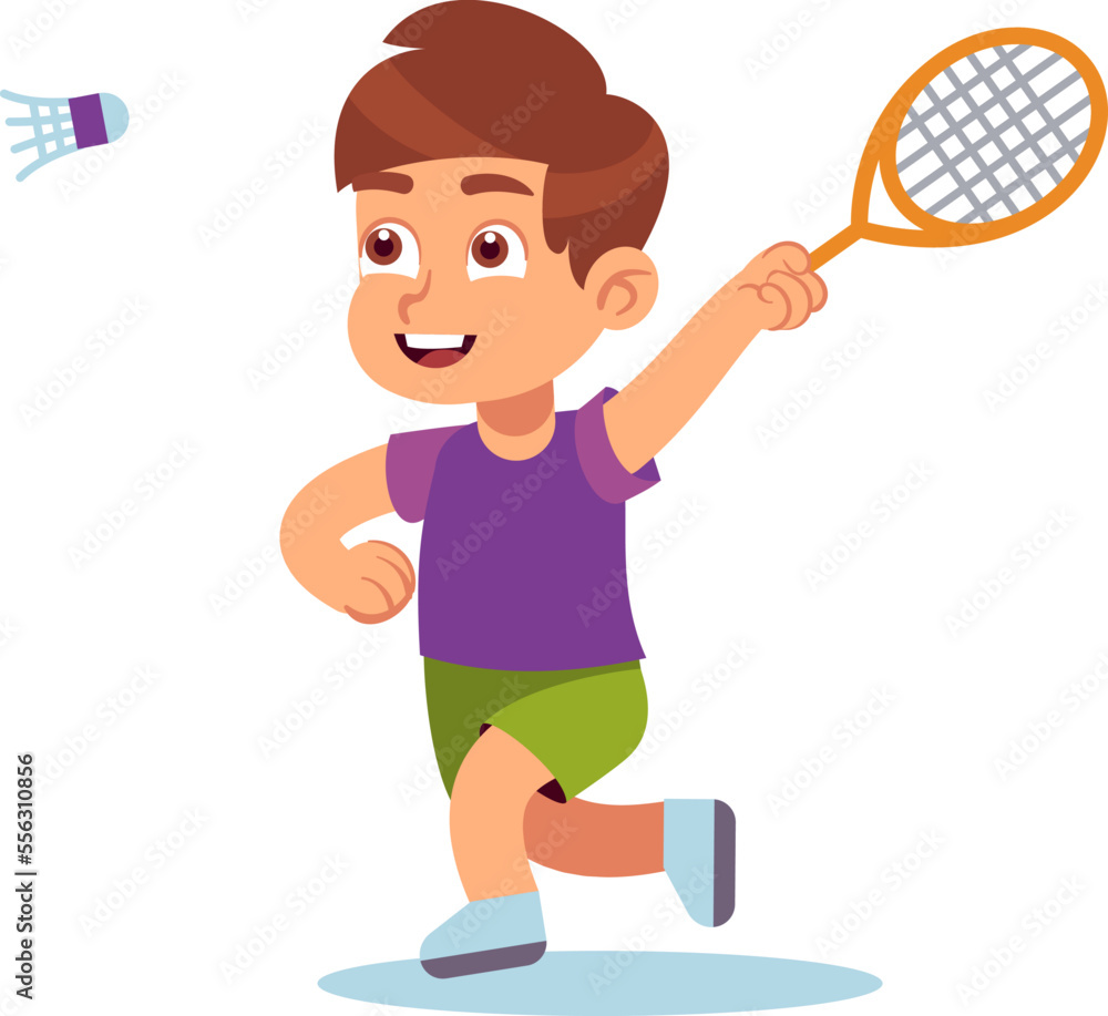 Badminton. Boy with racket and shuttlecock play game outdoors, happy ...