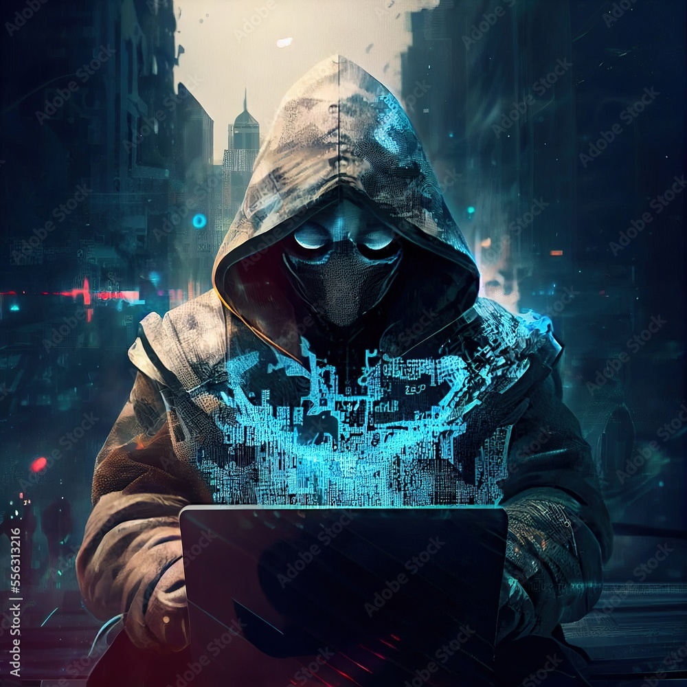 Portrait of a sci-fi cyberpunk hacker. High-tech futuristic man from the future. The concept of ...