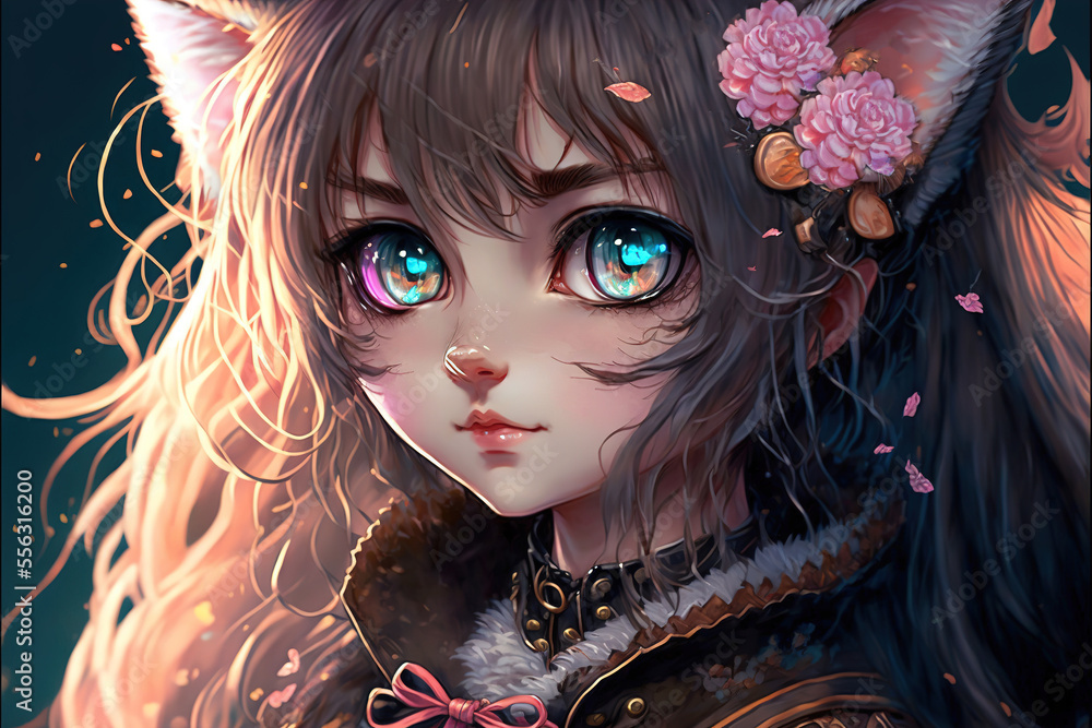 Adorable Anime Chibi Cat-Girl with Big Sparkling Eyes Stock ...