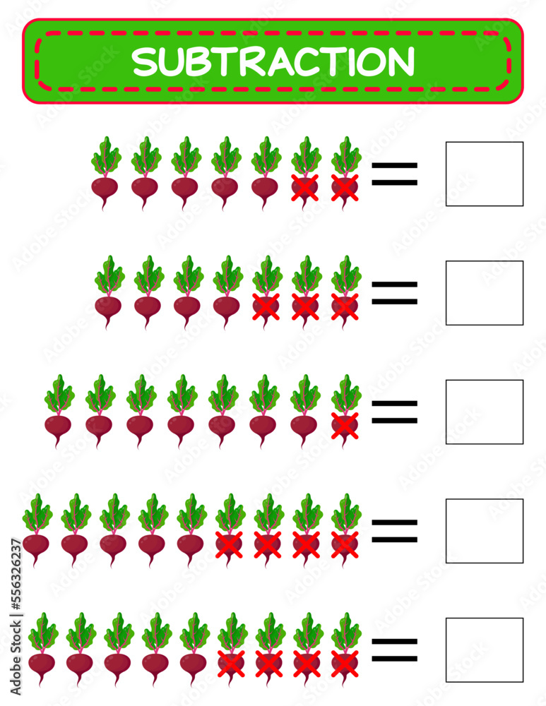 Subtraction. Math worksheet for kids. Developing numeracy skills. Solve ...