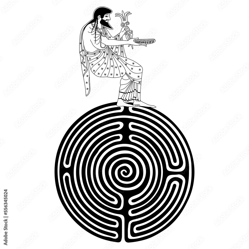 Ancient Greek god Zeus or Jupiter sitting on a round spiral maze or ...