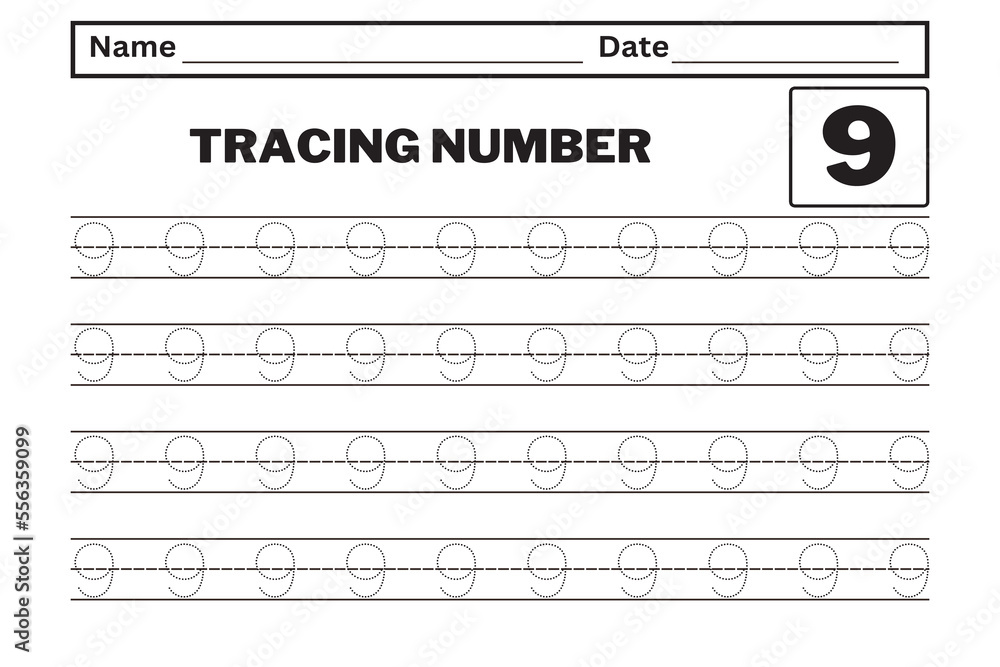Number 9 tracing practice worksheet with all numbers for kids learning ...