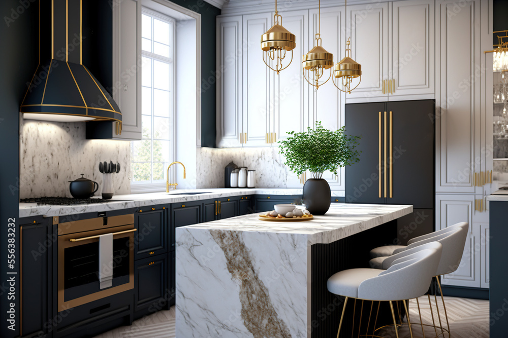 Luxury kitchen interior with new stylish furniture, white marble ...