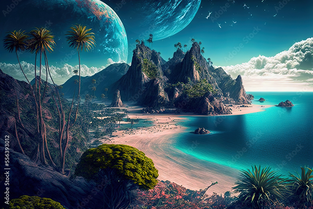 Ilustrace Paradise place in the universe. Bright big moon over ...