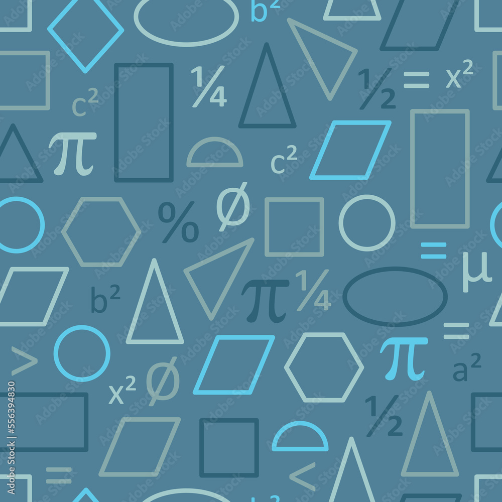 geometric shapes and math symbols in primary color blue. Seamless ...