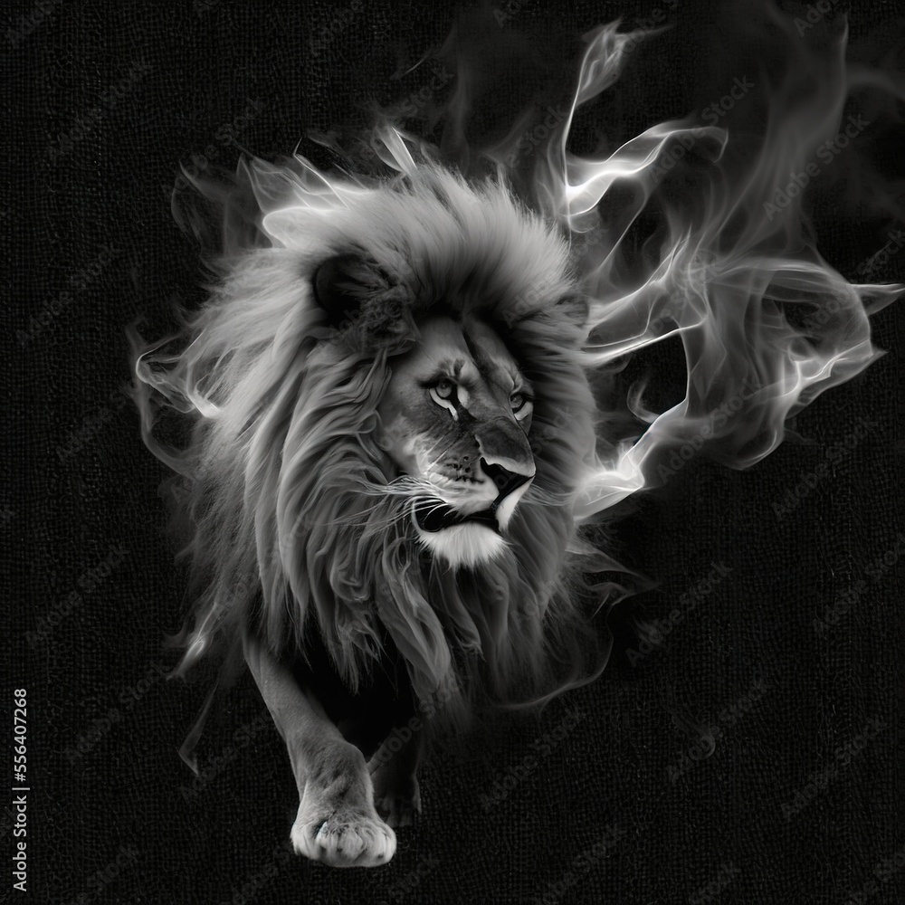 a lion with a long mane running through the air with fire coming out of ...