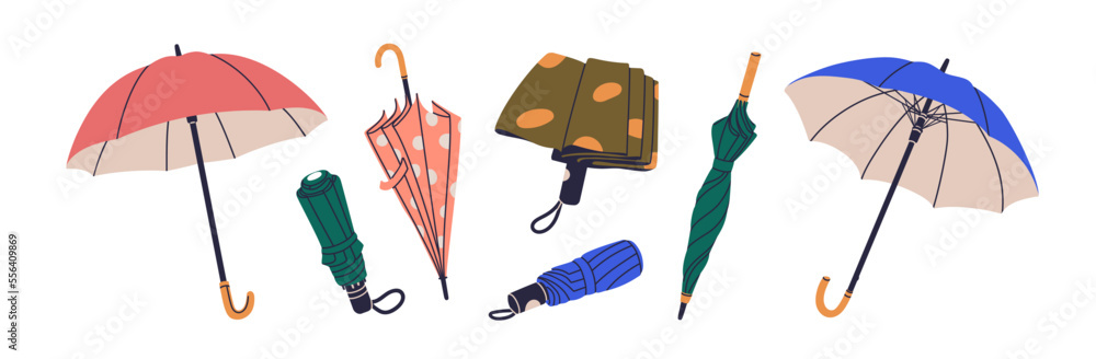 Open, closed and folded umbrellas set. Rain protection parasols for rainy weather. Protecting ...