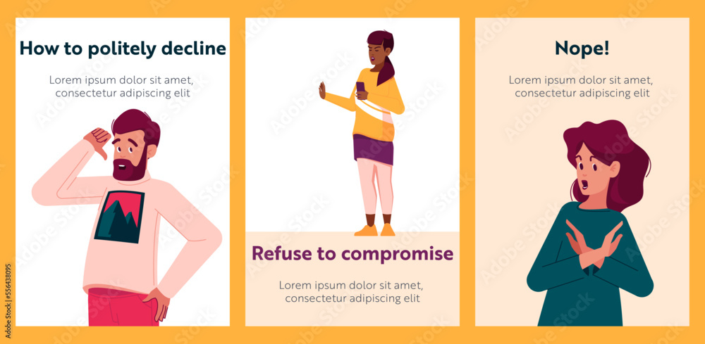 People Refuse Cartoon Banners, Male or Female Characters Show Refusal ...